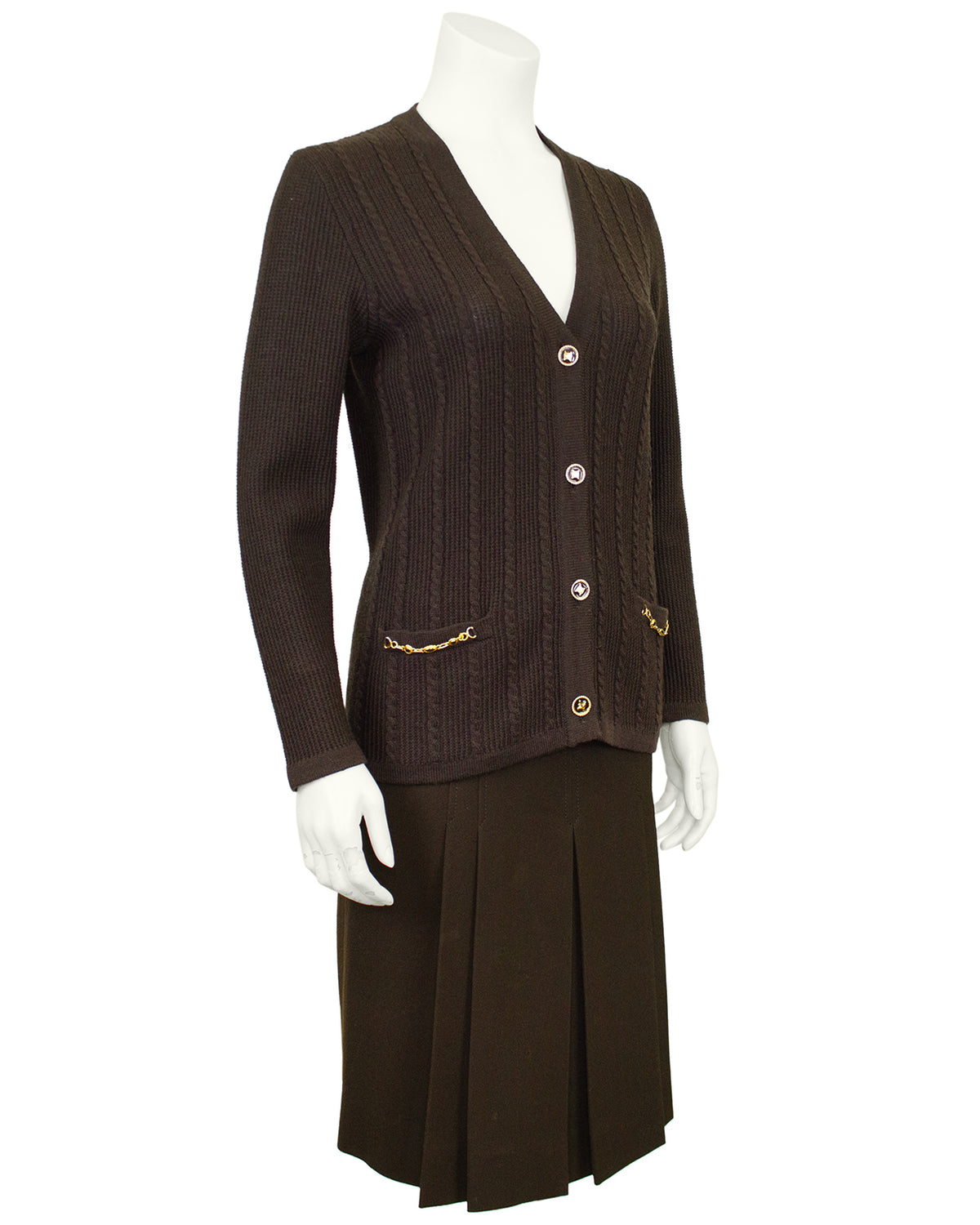 Brown Wool Cardigan and Gabardine Skirt Ensemble – Vintage Couture