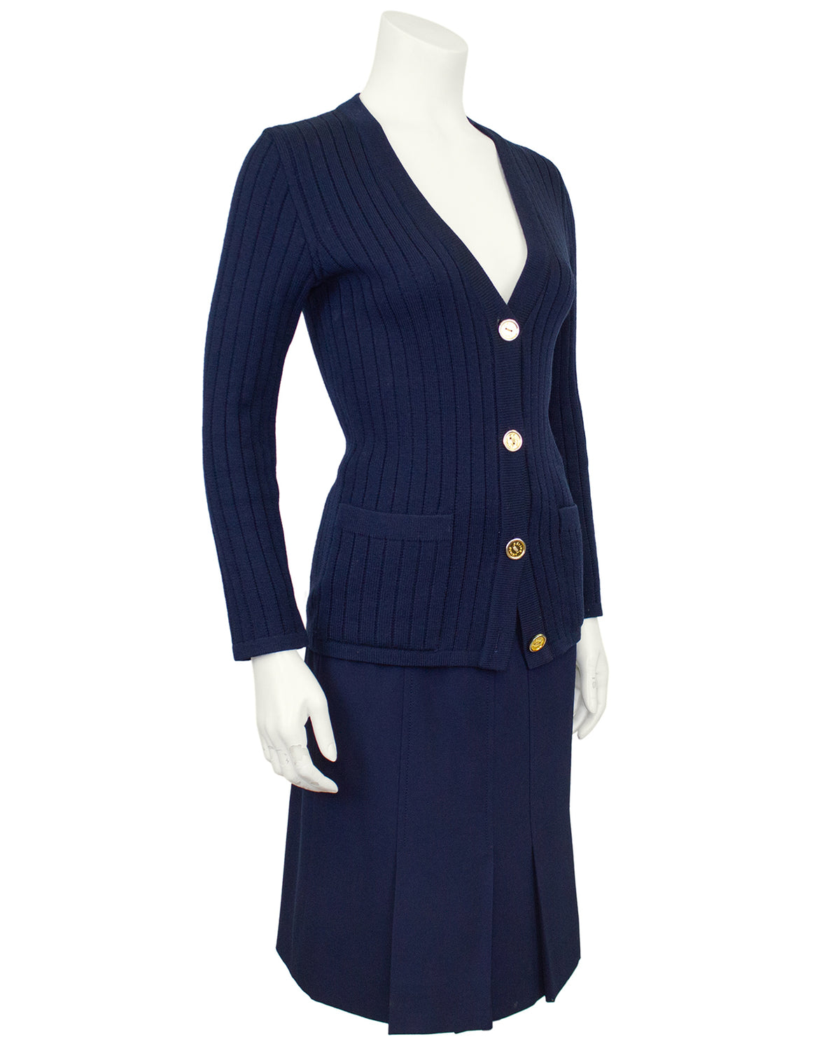 Navy Blue Wool Cardigan and Gabardine Skirt Ensemble – Vintage Couture