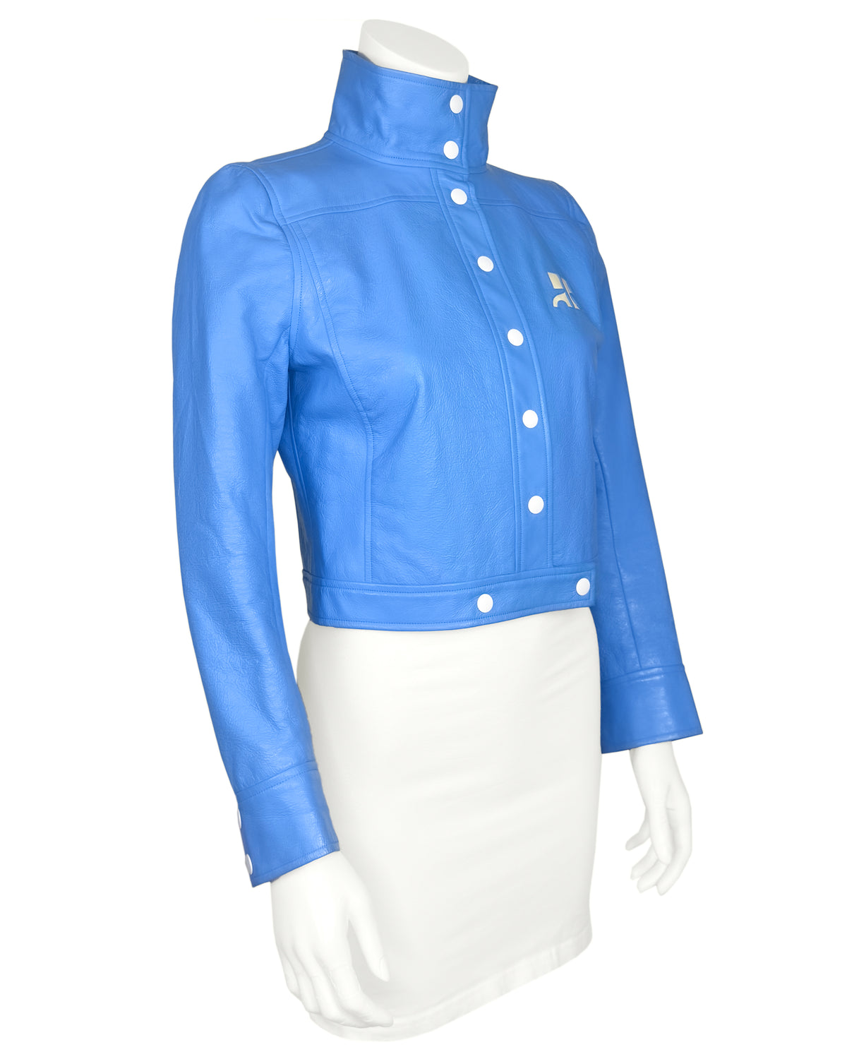 Blue and White Vinyl Leather Logo Jacket – Vintage Couture