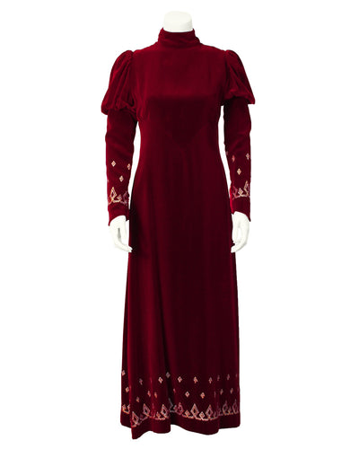 Red Velvet Gown with Gold & Silver Details – Vintage Couture
