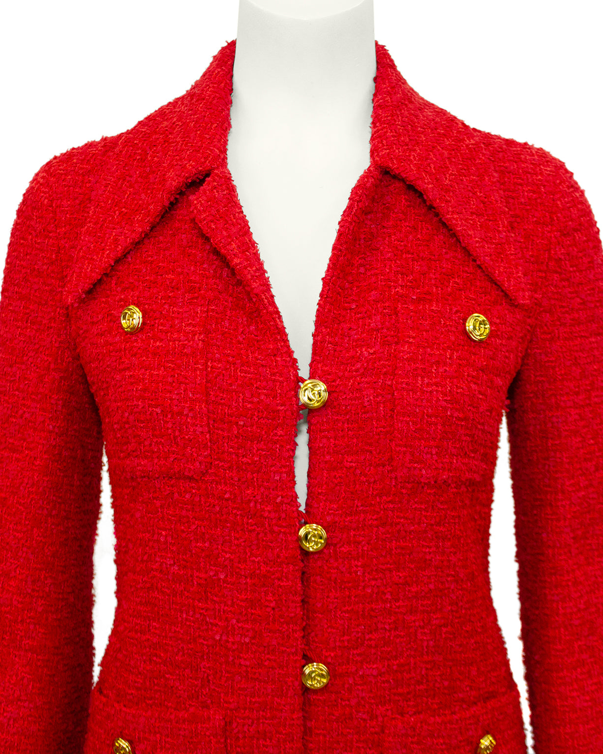 Red Tweed Long Jacket with Gold Buttons – Vintage Couture